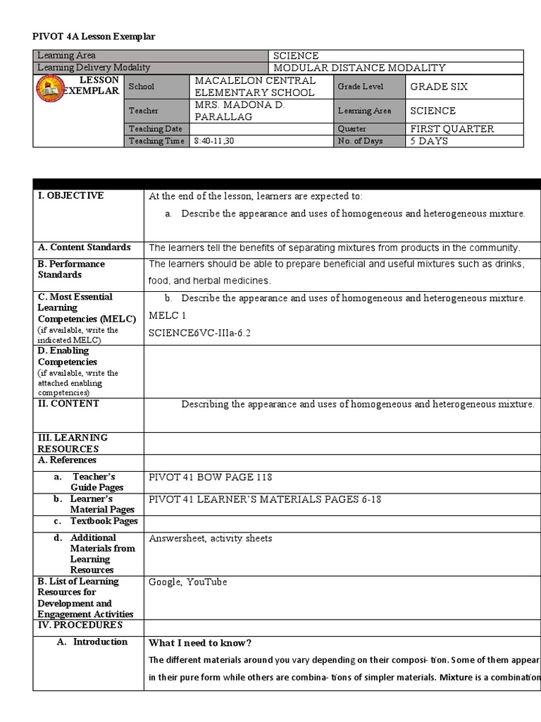 Grade 6 Science: Mixtures Lesson Plan | PDF | Mixture | Chemical Substances