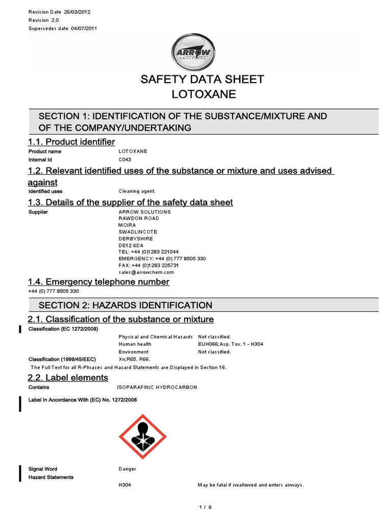Safety Data Sheet for LOTOXANE Cleaning Agent Revision 2.0 Dated 26/03 ...