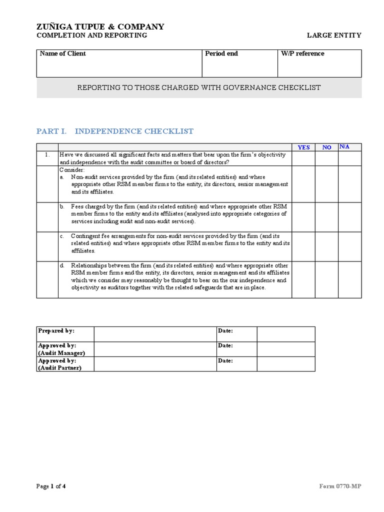 Zuñiga Tupue & Company: Part I. Independence Checklist | PDF | Internal ...