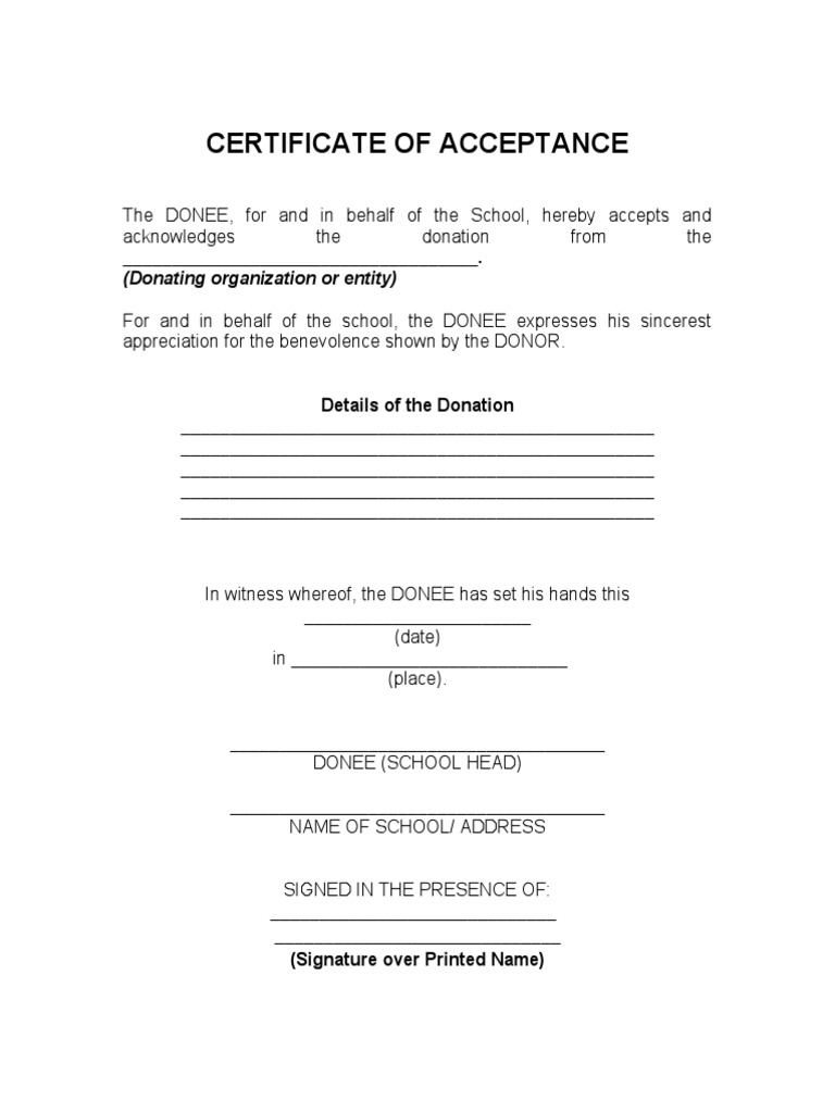 Certificate of Acceptance: - (Donating Organization or Entity) | PDF