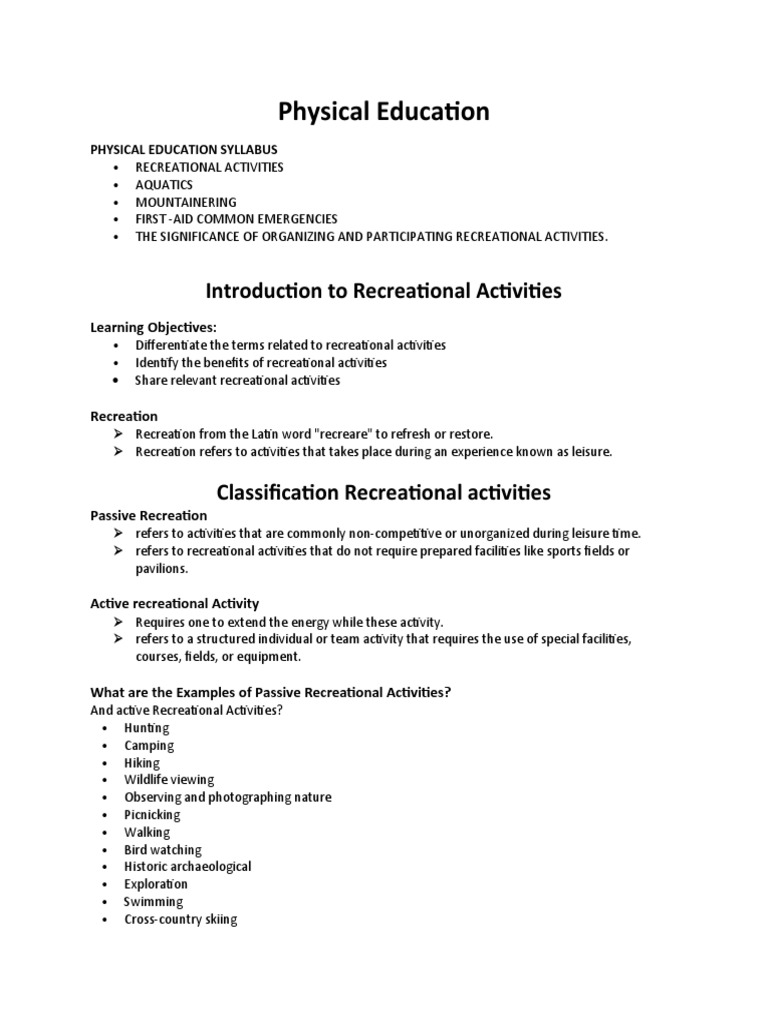 Physical Education: Introduction To Recreational Activities | PDF ...