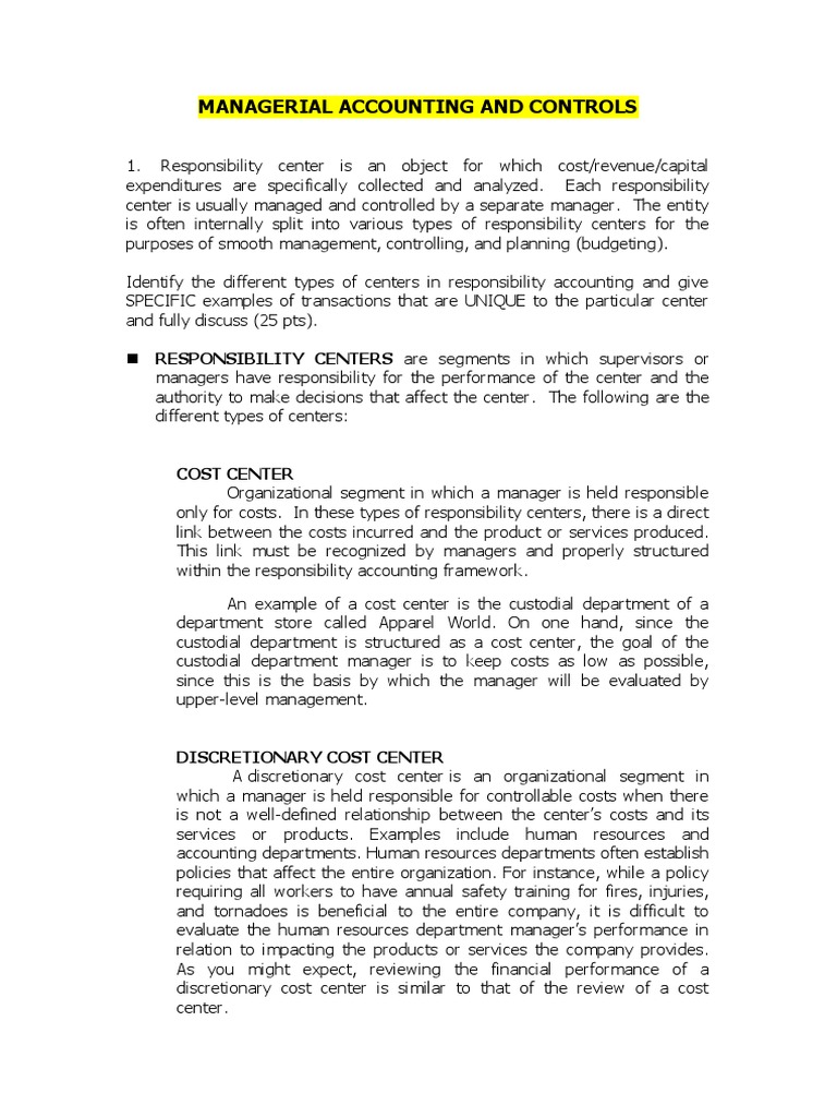 Managerial Accounting and Controls: Cost Center | PDF | Management ...