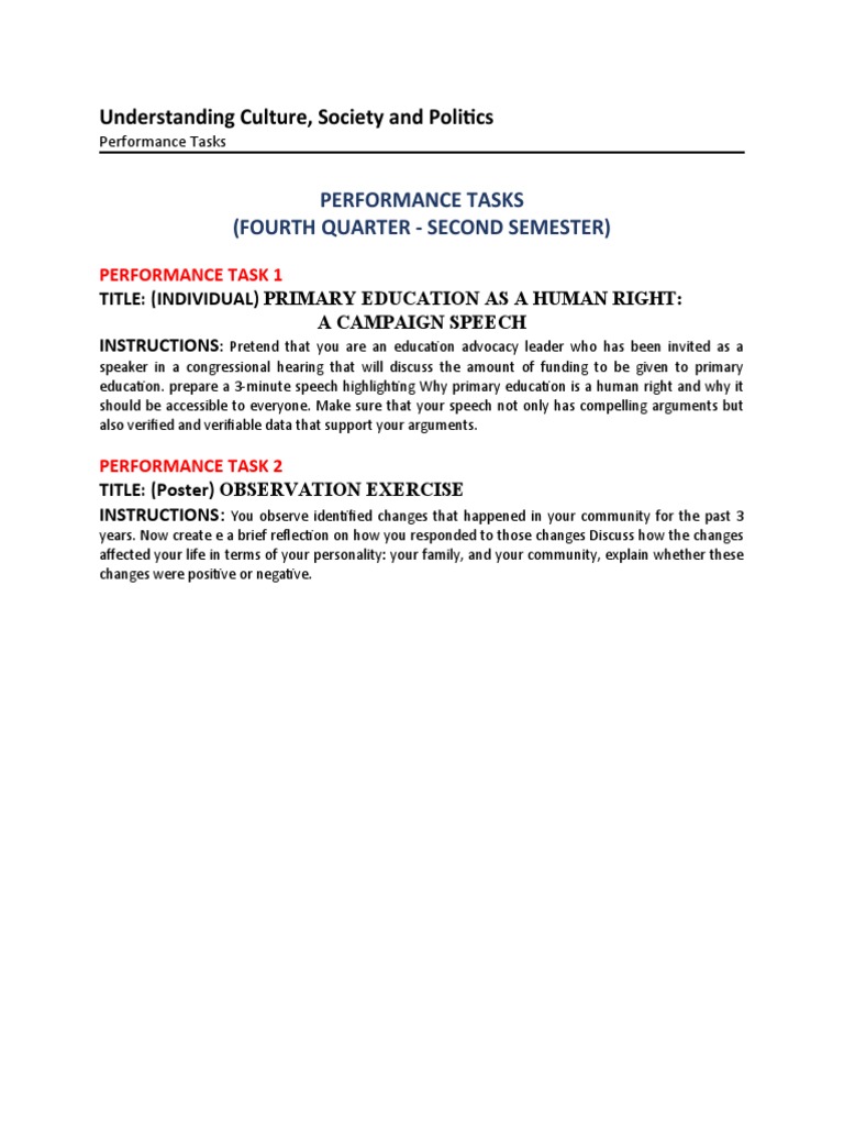 Understanding Culture, Society and Politics: Performance Tasks (Fourth Quarter - Second Semester ...