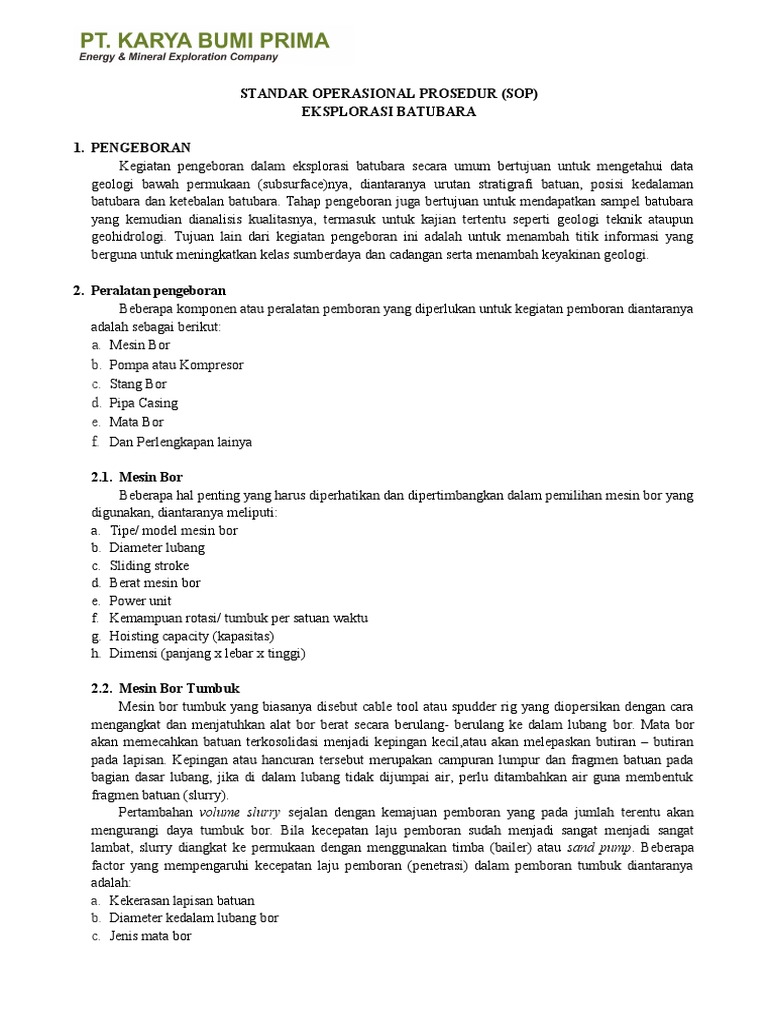 A. B. C. D. E. F.: Standar Operasional Prosedur (Sop) Eksplorasi Batubara Pengeboran | PDF