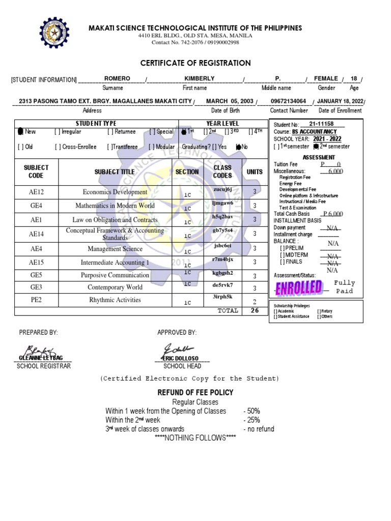 Certificate of Registration: Makati Science Technological Institute of ...