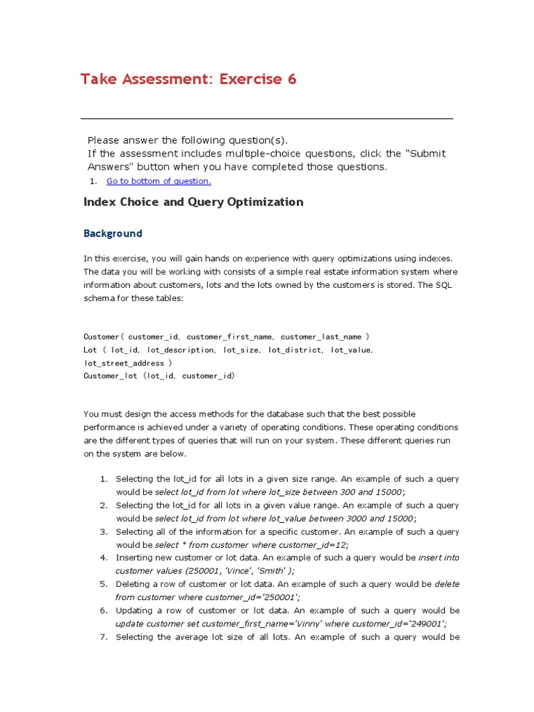 Take Assessment: Exercise 6: Index Choice and Query Optimization | PDF | Database Index | Databases