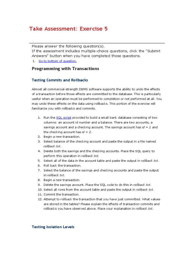Take Assessment: Exercise 5: Programming With Transactions | PDF | Database Transaction | Databases