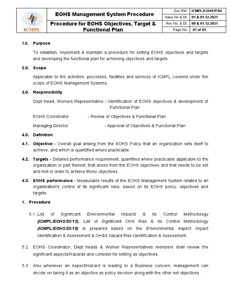 EOHS Objectives, Targets & Plan | PDF | Risk | Hazards