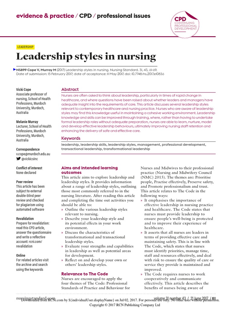 Leadership Styles in Nursing: Evidence & Practice | PDF | Leadership ...