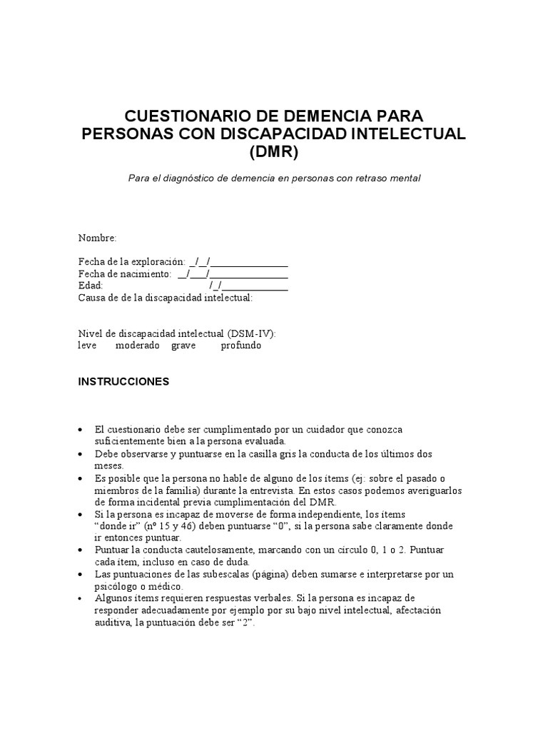 Cuestionario de Demencia para Personas Con Discapacidad Intelectual (DMR) | PDF | Discapacidad ...