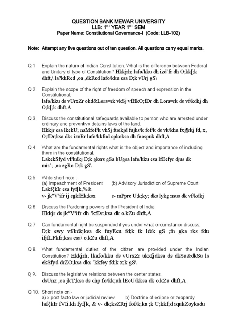 Question Bank Mewar University LLB: 1 Year 1 SEM: ST ST | PDF | Social ...