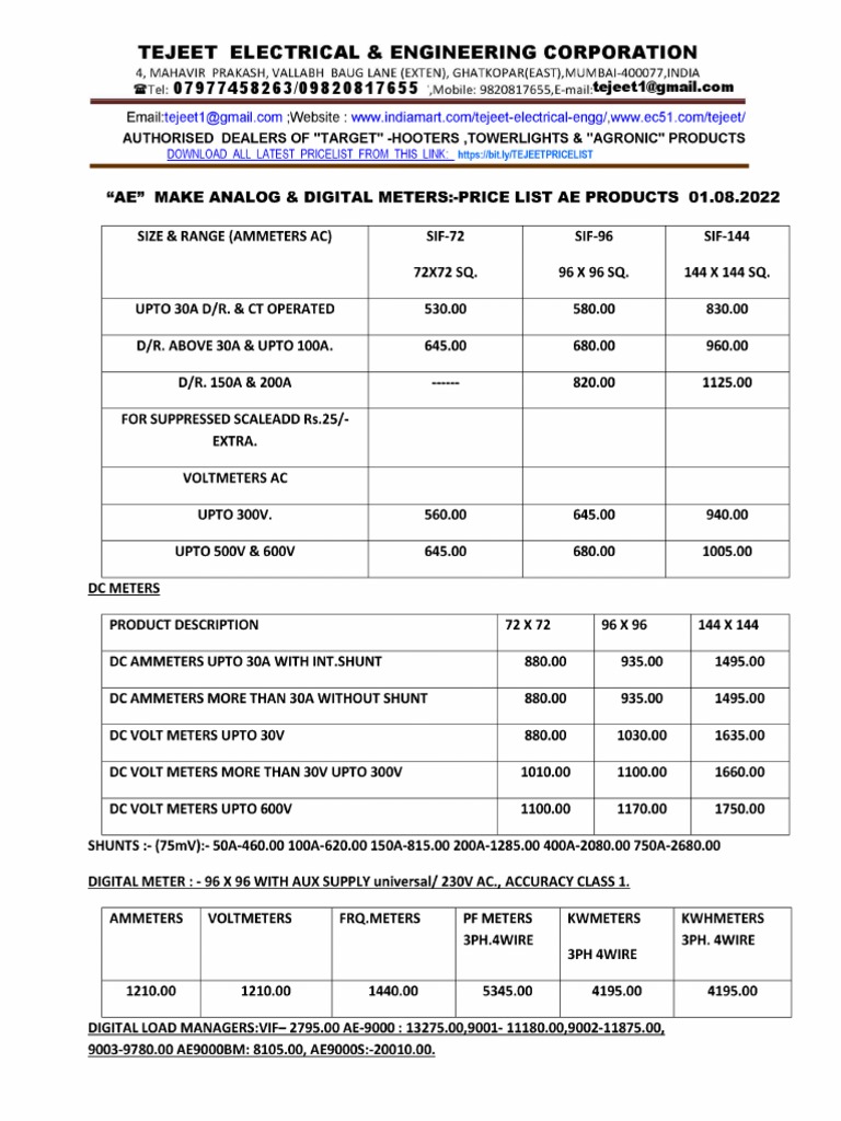 AE CT & PT Price List Wef 01-08-2022 (Customer) | PDF