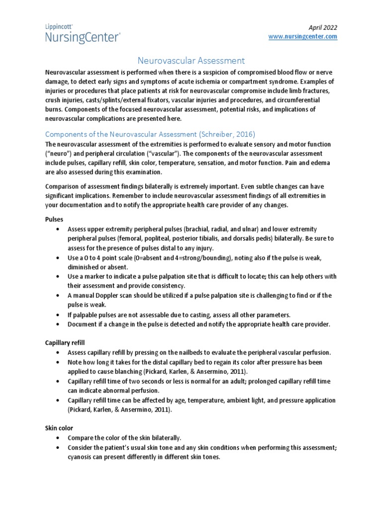 Neurovascular Assessment: Key Components | PDF | Paresthesia | Pain