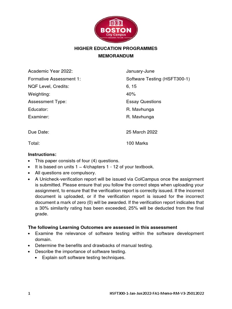 Software Testing Assessment Memo 2022 | PDF | Software Testing | System