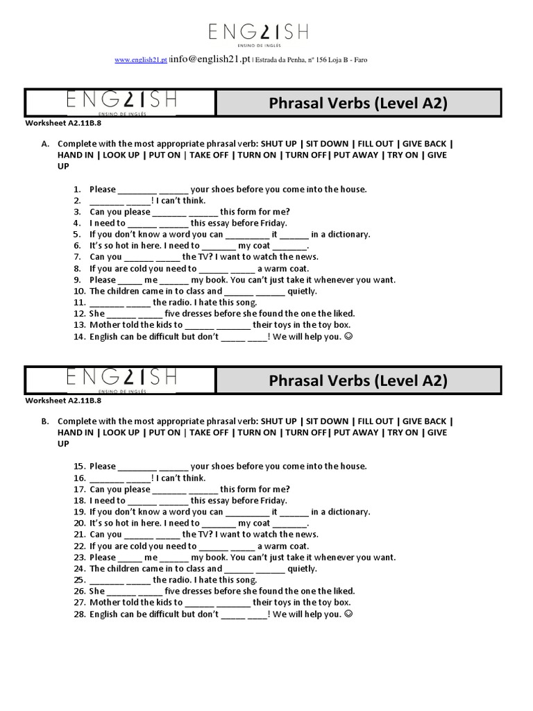 Phrasal Verbs (Level A2) : Info@english21.pt | PDF | Grammar ...