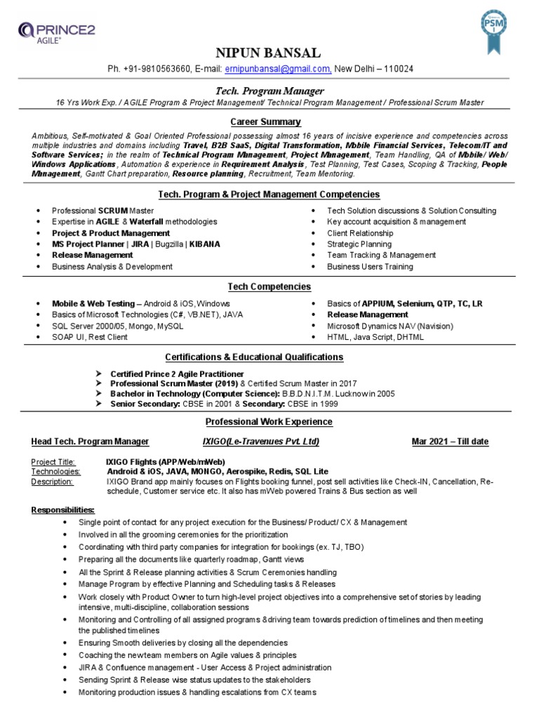 Nipun Bansal: Tech. Program Manager | PDF | Scrum (Software Development) | Agile Software ...