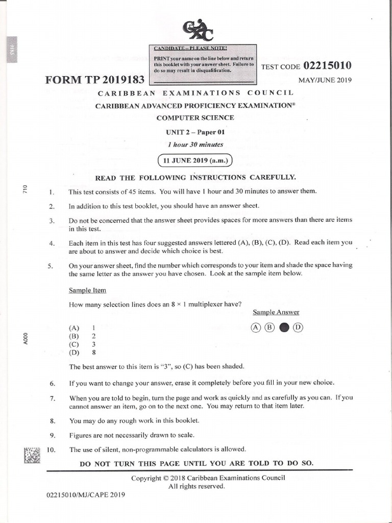 CAPE Computer Science Unit 2 2019 p1 | PDF