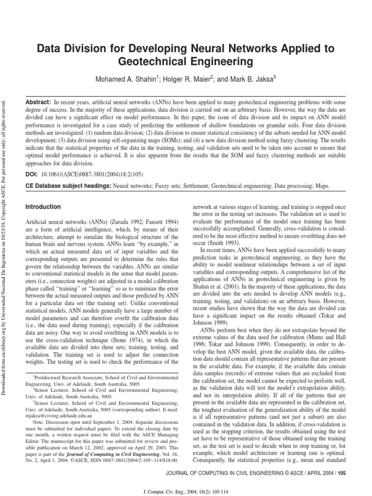 Data Division For Developing Neural Networks Applied To Geotechnical Engineering | PDF | Cluster ...
