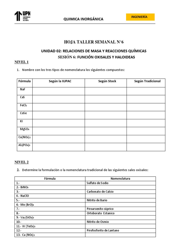 Hoja Taller de Teoría N° 6 Sales Oxisales y Haloideas | PDF | Sal (química) | Materiales