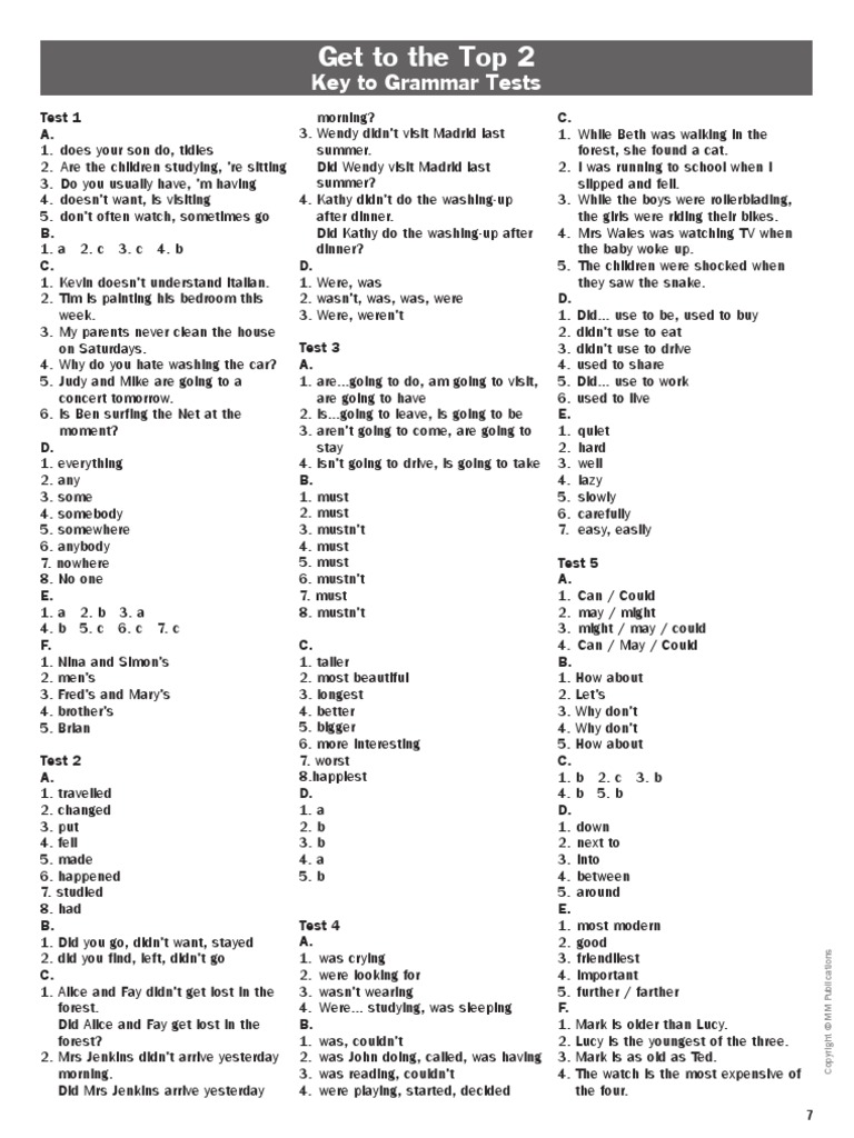 Get To The Top 2 Grammar Tests KEY PDF | PDF