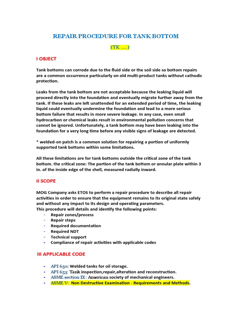 I Object: Repair Procedure For Tank Bottom | PDF | Construction | Welding