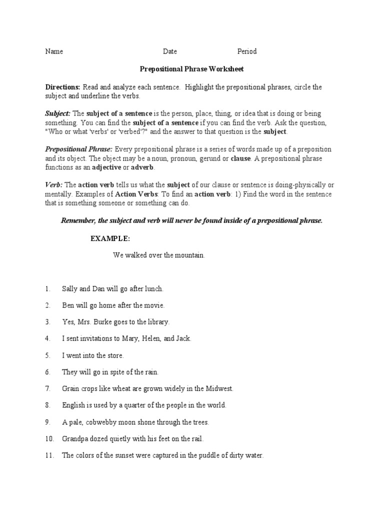 Prepositional Phrase Worksheet Review | PDF | Verb | Preposition And ...