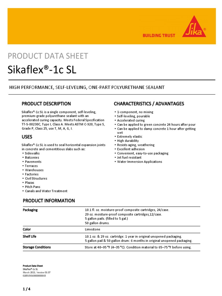 Sikaflex®-1c SL: Product Data Sheet | Download Free PDF | Concrete | Water
