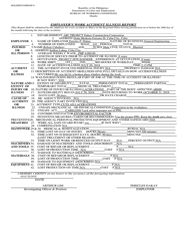 Employer'S Work Accident Illness Report: Dole/Bwc/Ohsd/Ip-6 | PDF ...