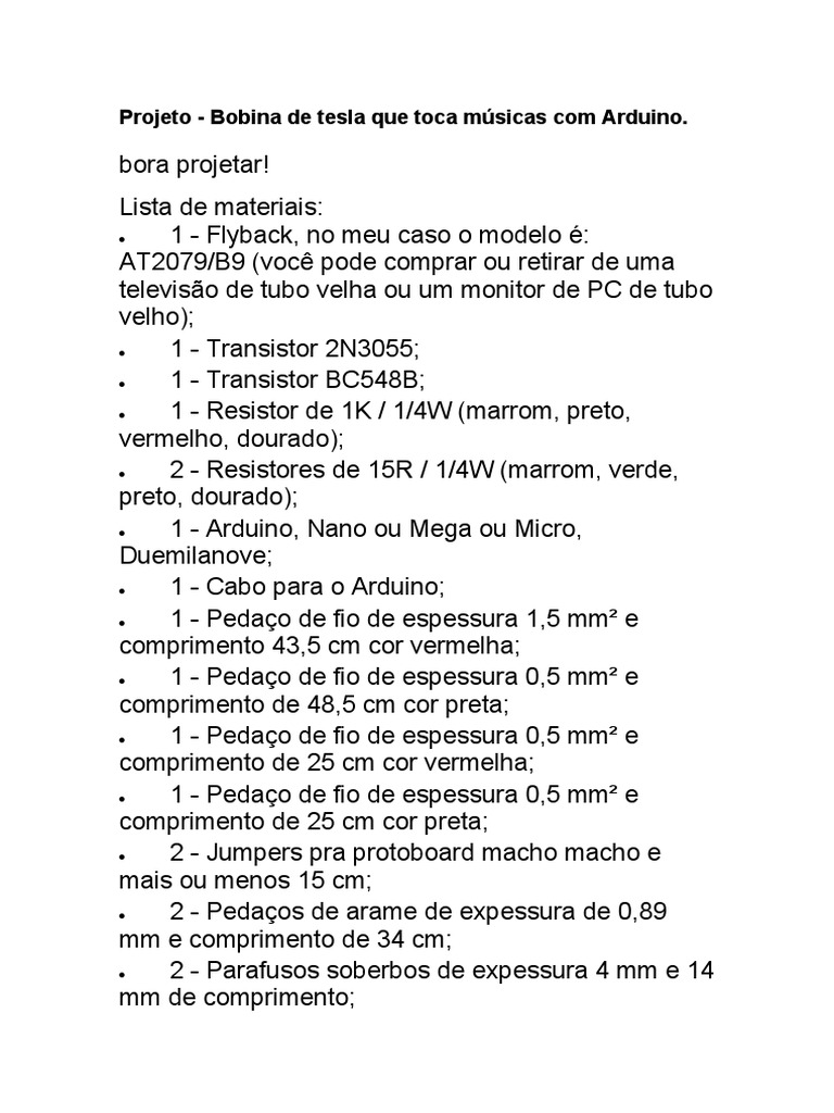 Projeto Bobina Musical - Arduino! | PDF