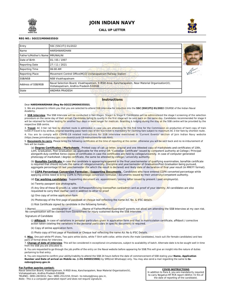 Join Indian Navy: Call Up Letter | PDF | Government