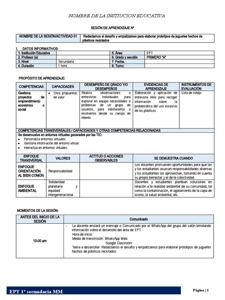 SESIÓN EPT 1° ACTV. 01-2 | PDF | Evaluación | Aprendizaje