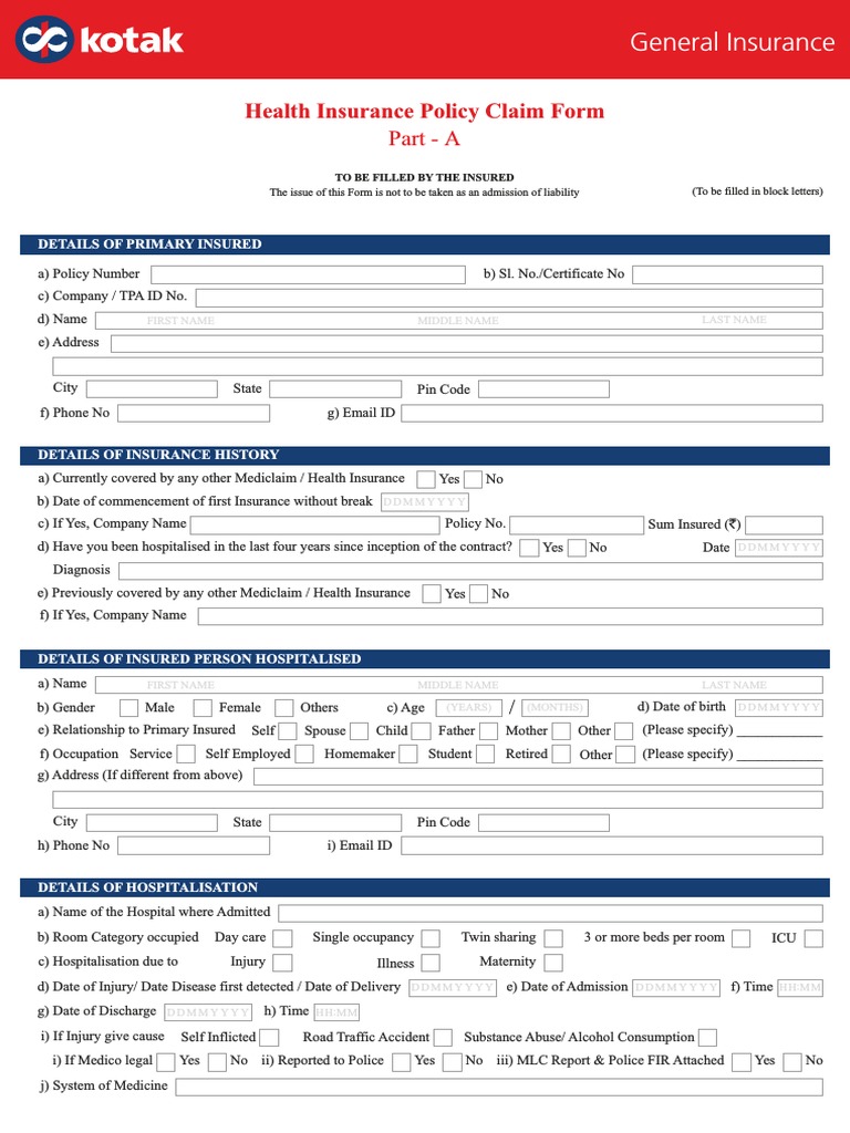 Health Insurance - Claim Form - Part A (To Be Filled by Insured ...