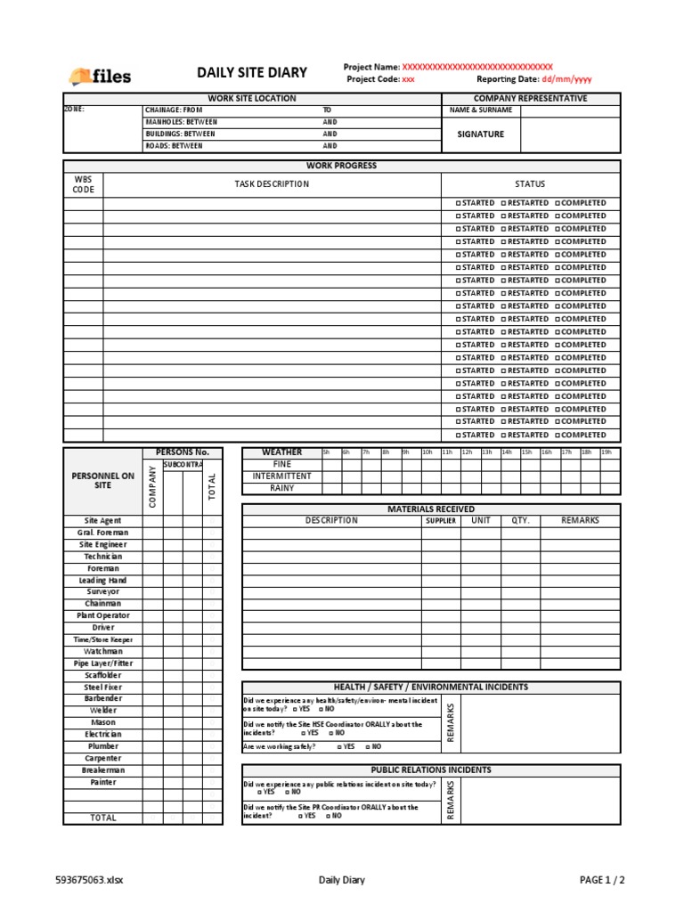 Daily Site Diary: Task Description Status WBS Code | PDF