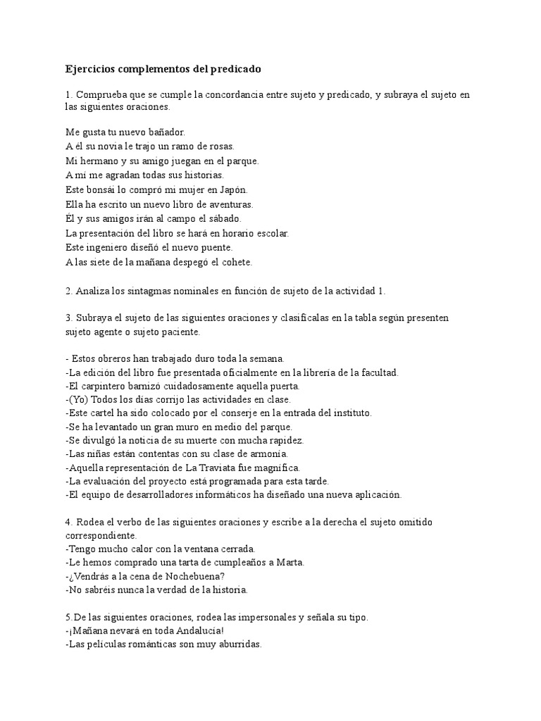 Ejercicios Complementos Del Predicado | PDF | Asunto (gramática ...