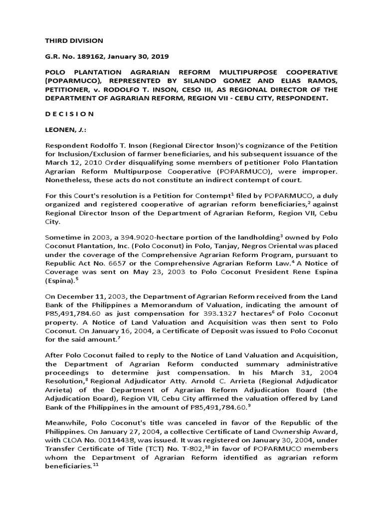 Polon Plantation vs. Inson GR No. 189162 | PDF | Common Law | Public Law