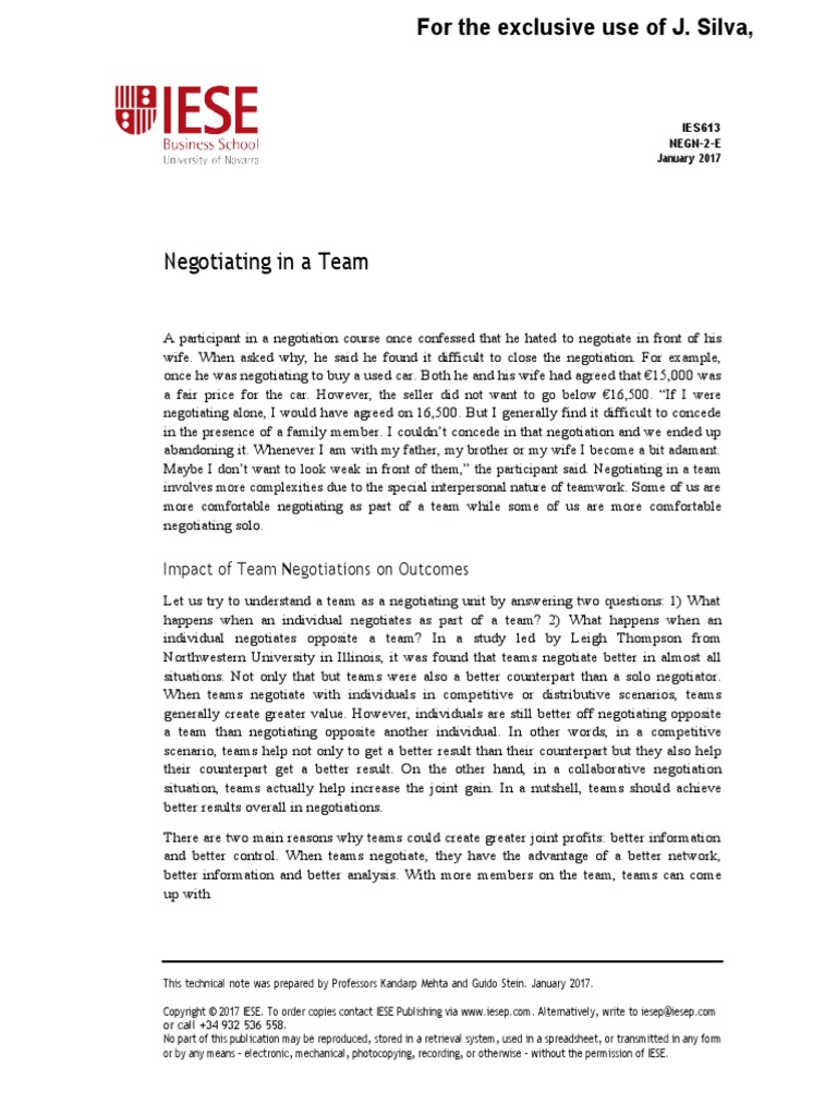 IESE - Negotiating in A Team | PDF | Negotiation | Cognition