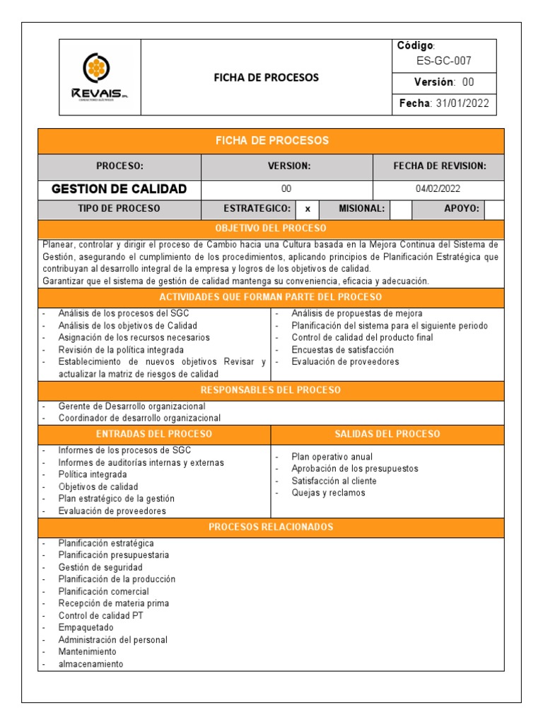 Ficha de Procesos Gestion de Calidad | PDF | Calidad (comercial) | Planificación