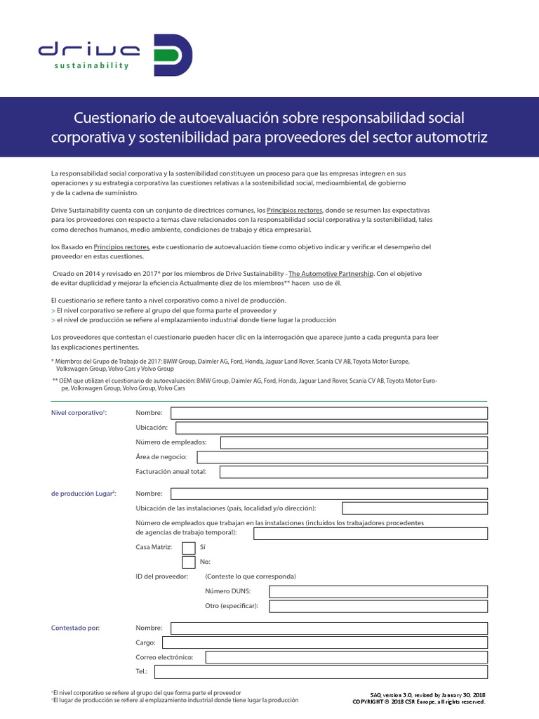 CSR-DriveSustainability SAQ-FORM A4 ES FINAL HQ Copyright | PDF ...