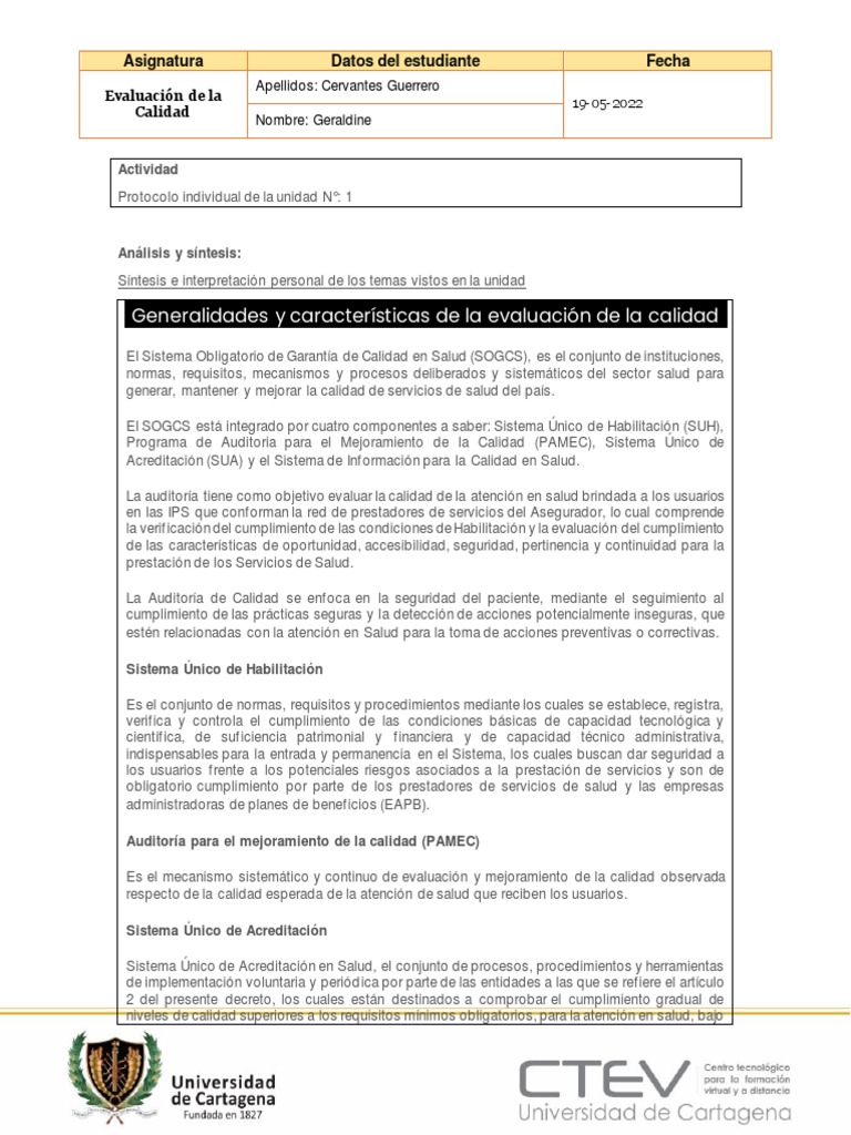 Protocolo Individual Unidad 1 Evaluacion de La Calidad. | PDF | Calidad (comercial ...