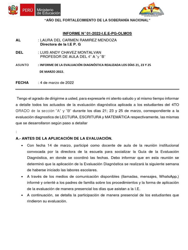 Informe Evaluación Diagnostica 4 Primaria | PDF | Evaluación | Aprendizaje