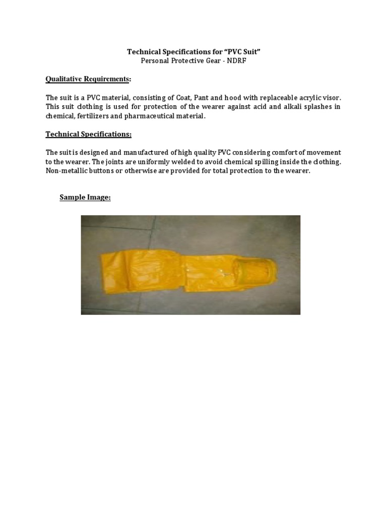 Technical Specifications For "PVC Suit" | PDF