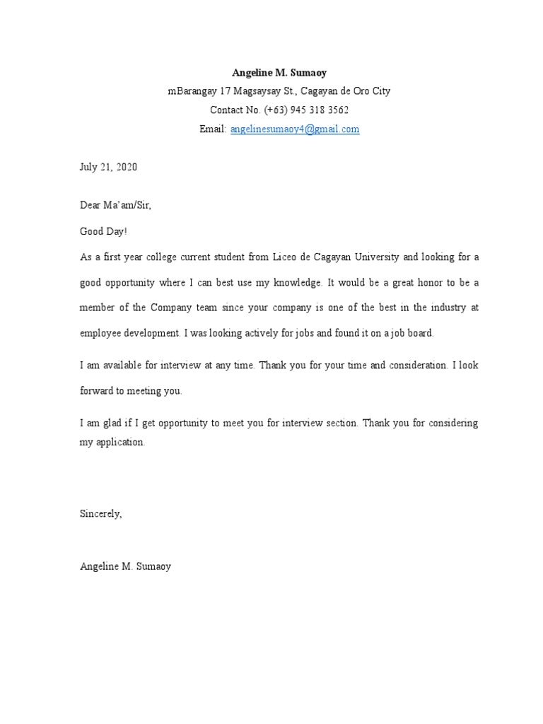 Angeline Application Letter | PDF | Wellness