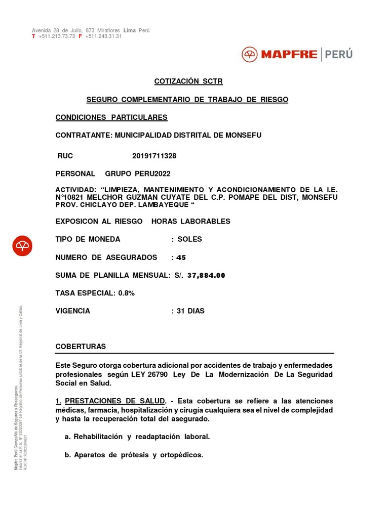 Cotizacion SCTR Salud y Pension Trabaja Peru 2022 I.E. Melchor Guzman Monsefu | PDF | Pensión ...