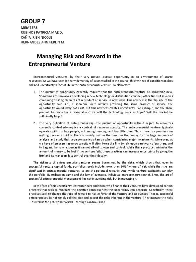 Group 7: Managing Risk and Reward in The Entrepreneurial Venture | PDF ...