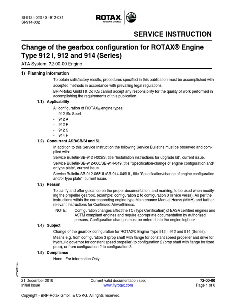 SI-912 I-023 - SI-912-031 - SI-914-032 - Change of The Gearbox Configuration For ROTAX Engine ...