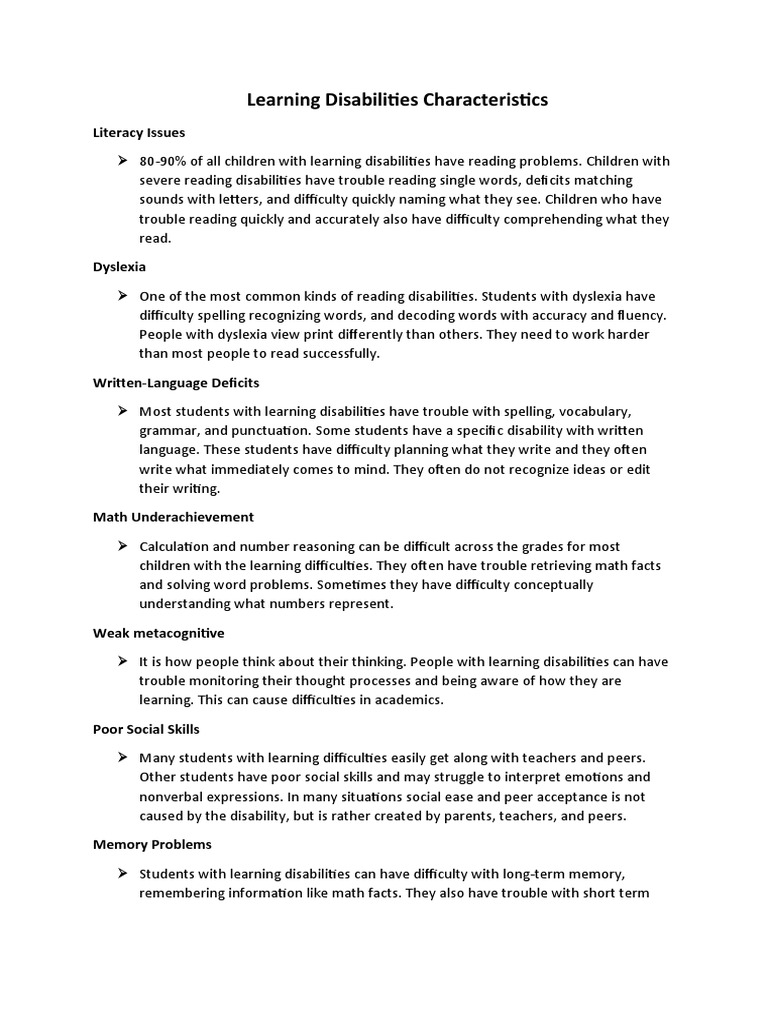 Learning Disabilities Characteristics: Literacy Issues | PDF | Learning ...