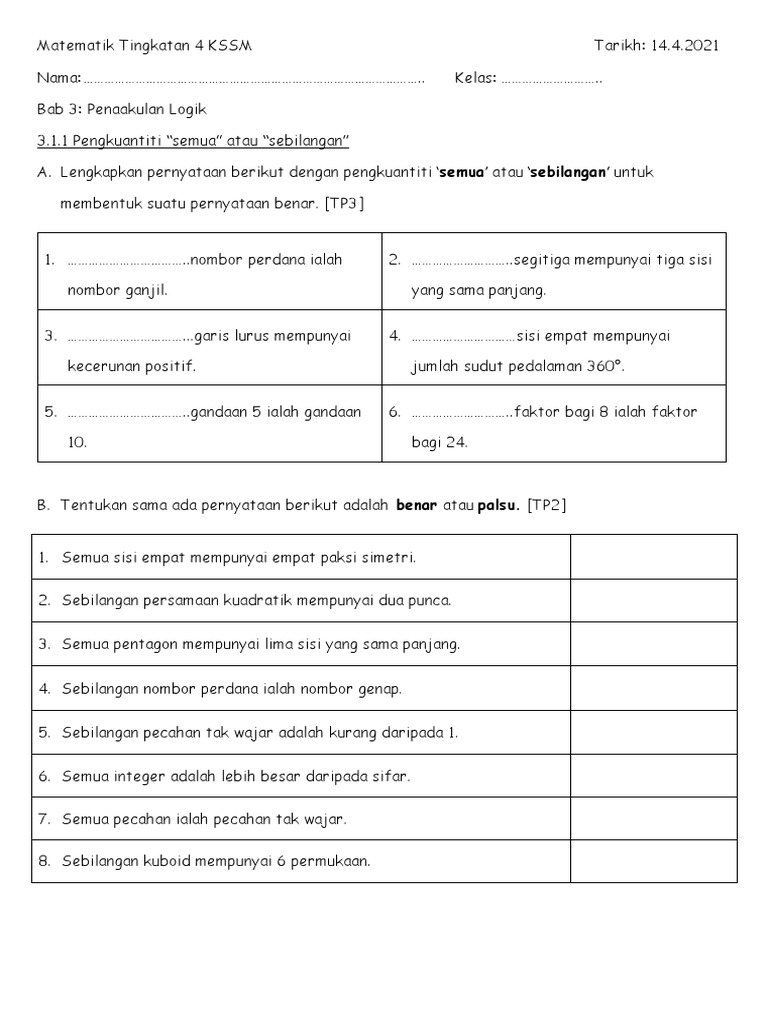 Matematik Tingkatan 4 KSSM Bab 3 Penaakulan Logik (3.1) | PDF
