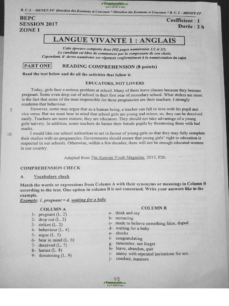 612b7c803a404sujet Corrige Et Bareme Anglais Bepc 2017 Zone 1 2 | PDF