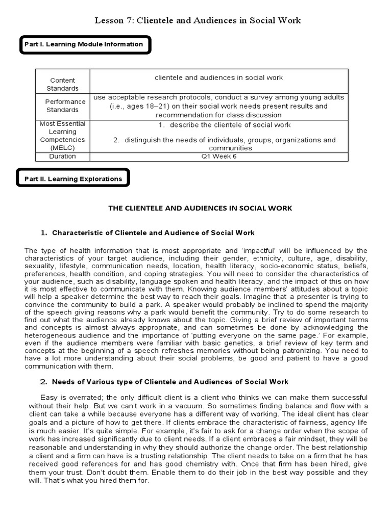 Lesson 7 Clientes in Social Work | PDF | Social Work | Community