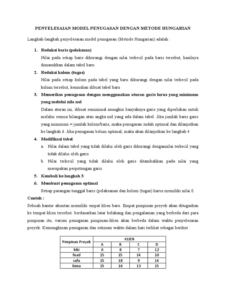 Penyelesaian Model Penugasan Dengan Metode Hungarian | PDF